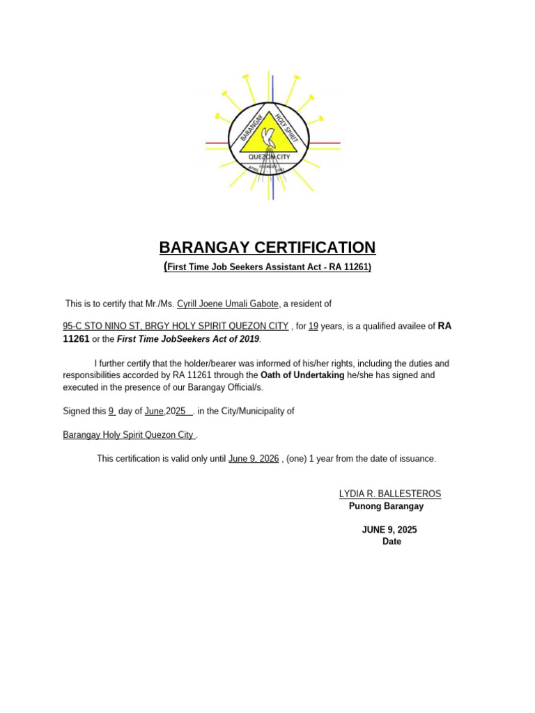 Barangay Certification Template - Docs | PDF