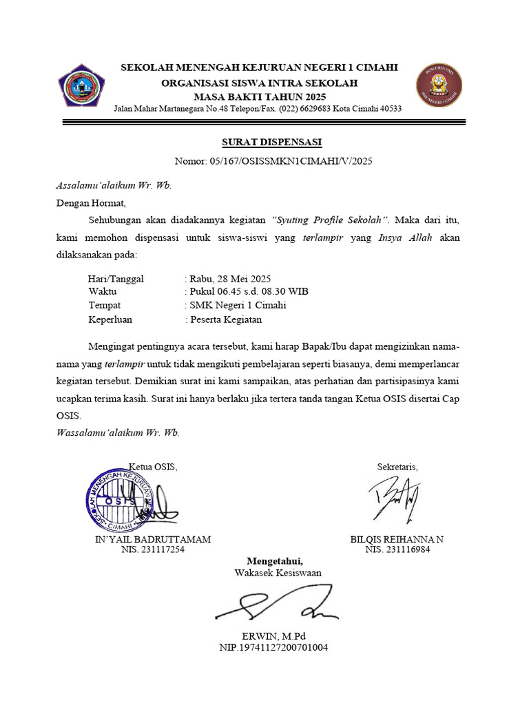 167. Dispensasi - Syuting Profile Sekolah Kojur | PDF