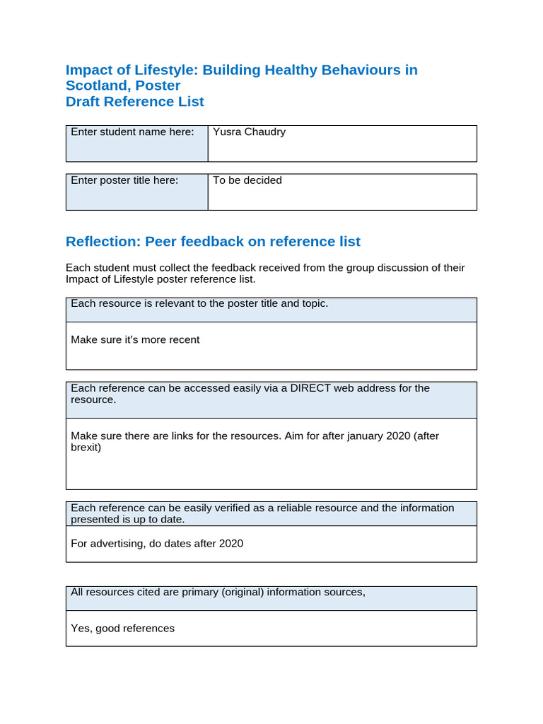 IoL References Peer Feedback Reflection Form | PDF