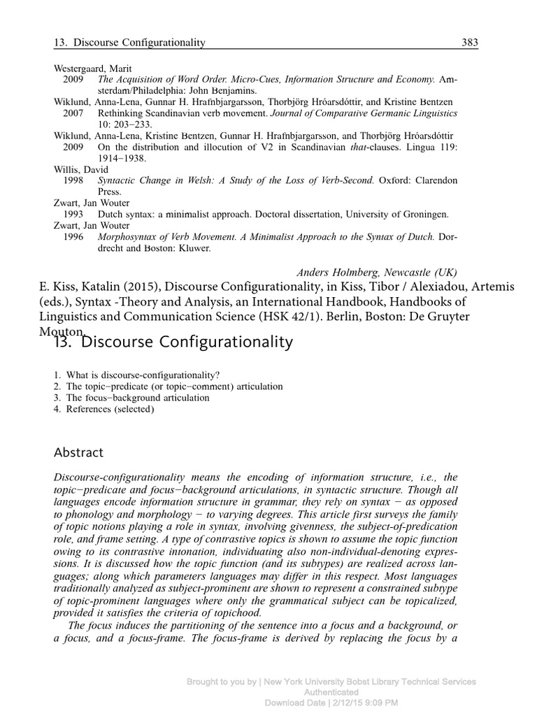 E. Kiss 2015 Discourse Configurationality in Handbook | PDF | Subject ...