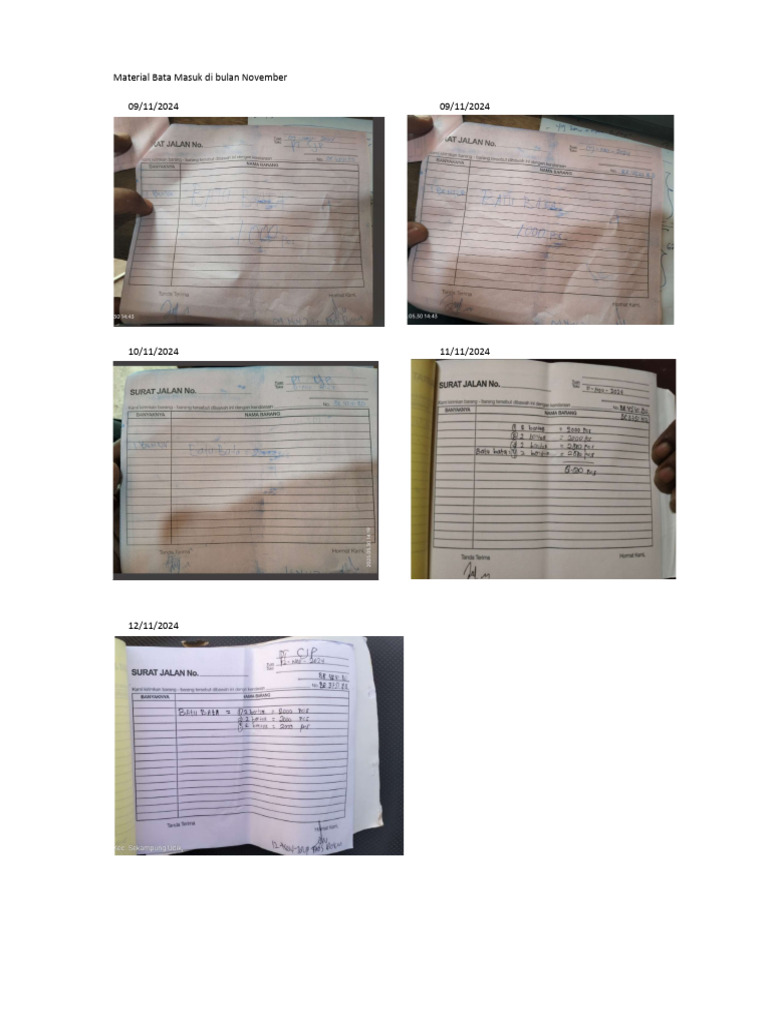 Bon Masuk Material Bata November PT. CJP | PDF