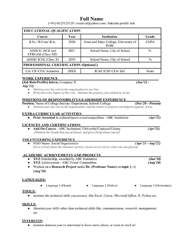 Placement Cell - CV Template | PDF