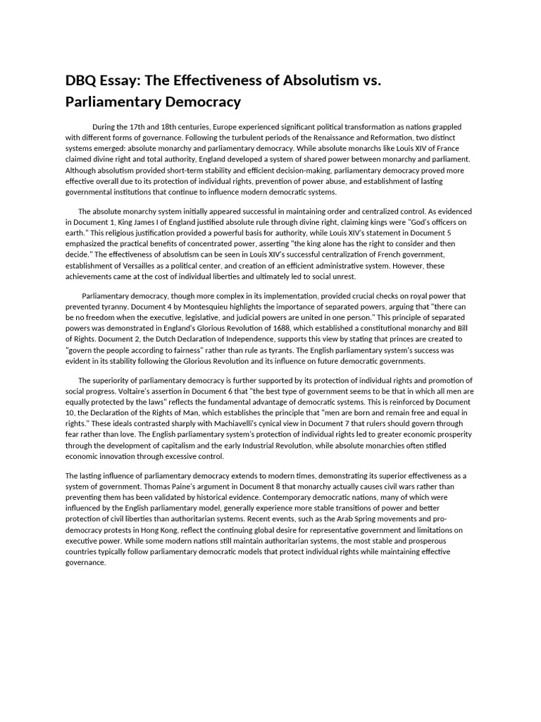 Absolutism Vs Parliamentay Democracy | PDF | Absolute Monarchy | Democracy
