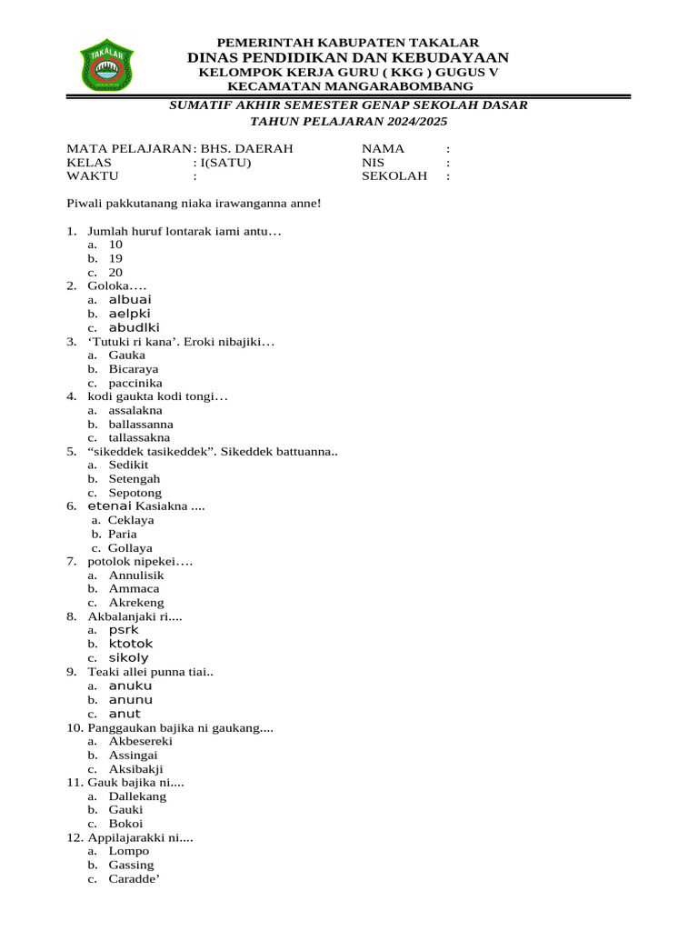 Soal Mulok Kelas 1 Bhs Daerah | PDF