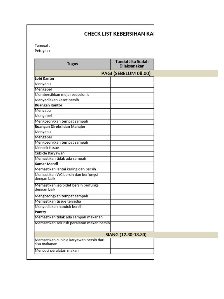 Checklist Kebersihan Ruang Kantor | PDF
