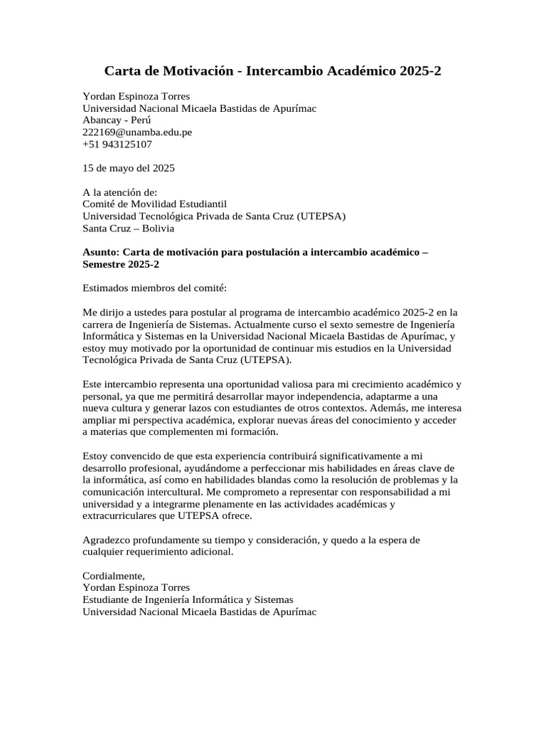 Carta de Motivación y Presentacion Utepsa | PDF