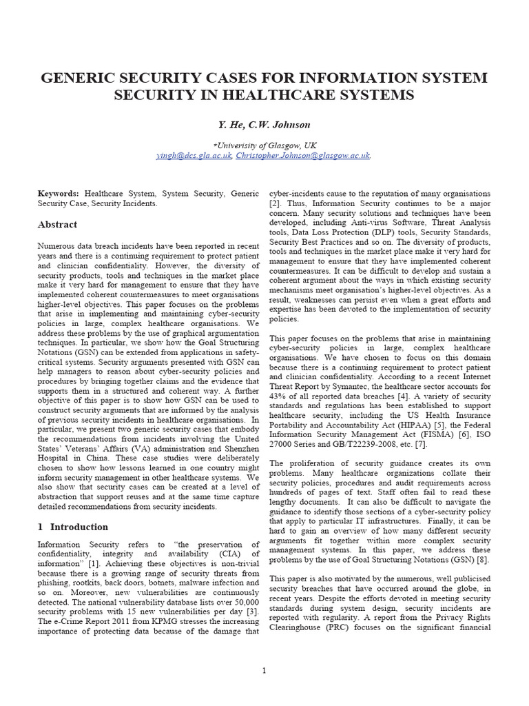 Generic Security Cases For Information System Security in Healthcare ...