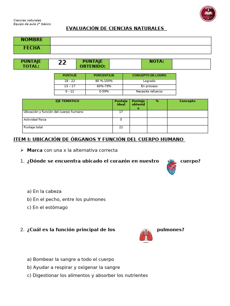Evaluación Cuerpo Humano y Sus Funciones 24 Abril | PDF | Respiración | Corazón