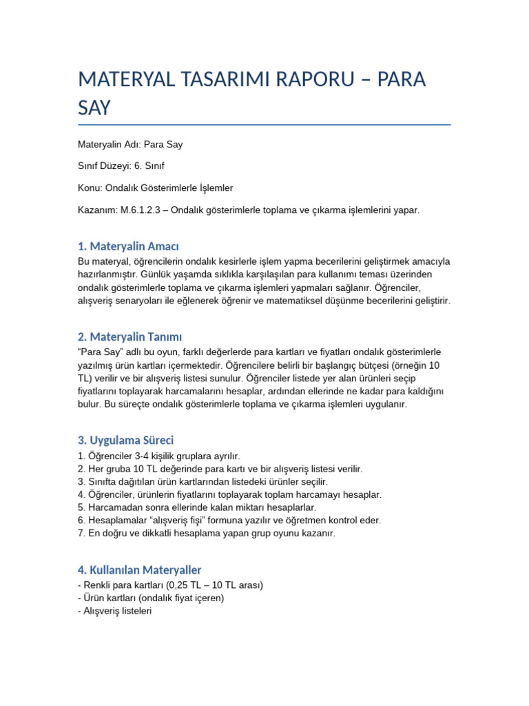 Para Say Materyal Tasarimi Raporu | PDF