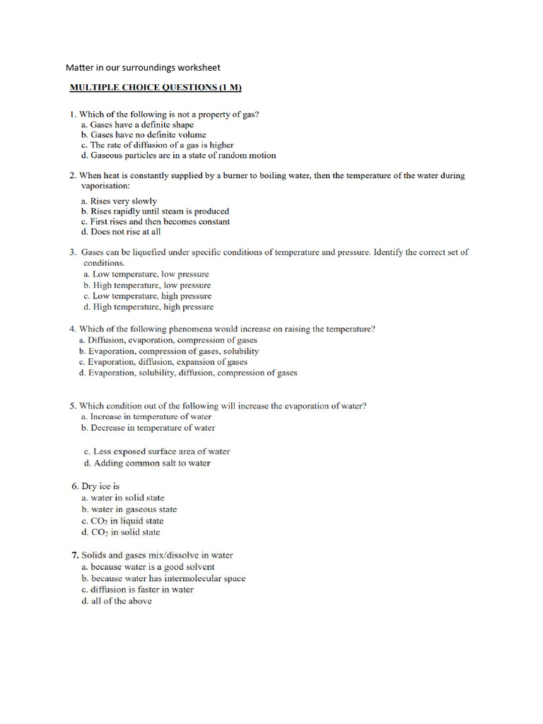 Matter in Our Surroundings Worksheet | PDF