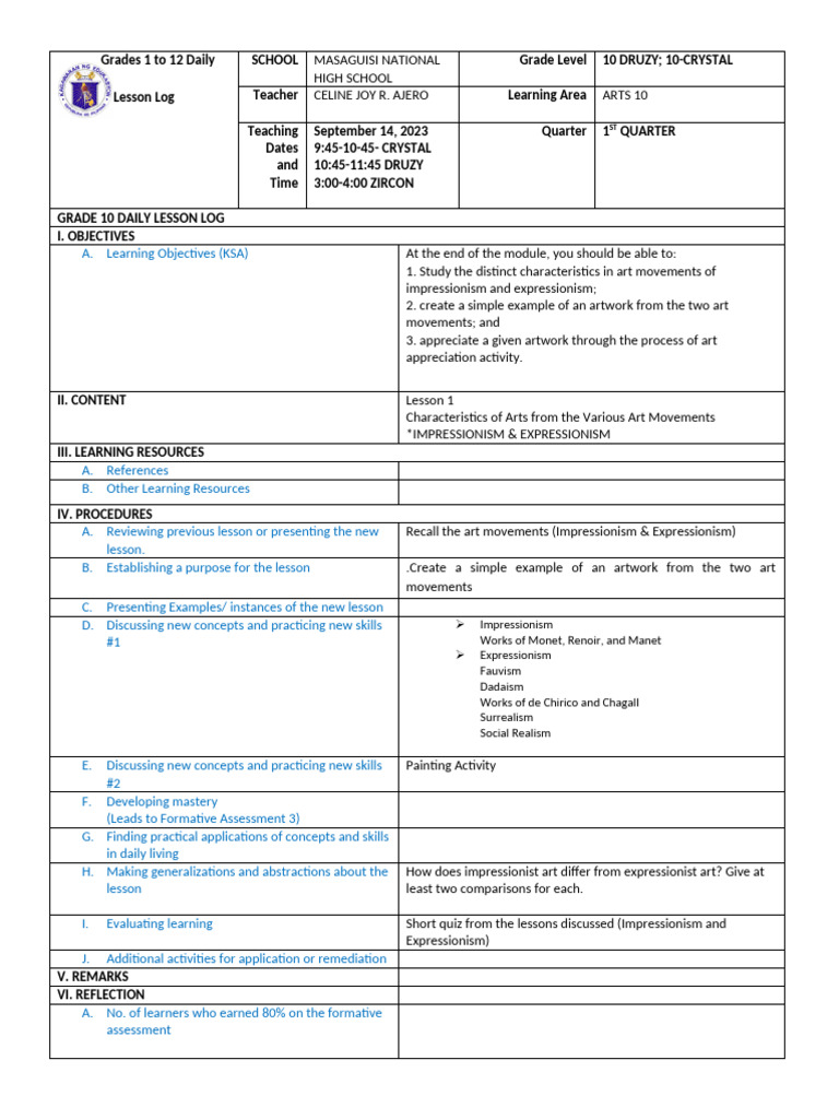 Arts 10 Q1 Mod 2 LESSON 1 DLL Impressionism | PDF | Impressionism | Expressionism