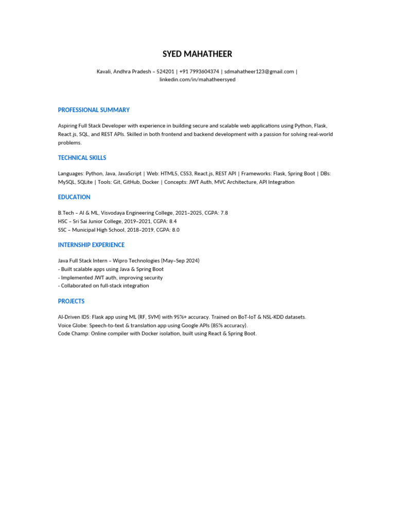 Syed Mahatheer Resume Single Page | PDF