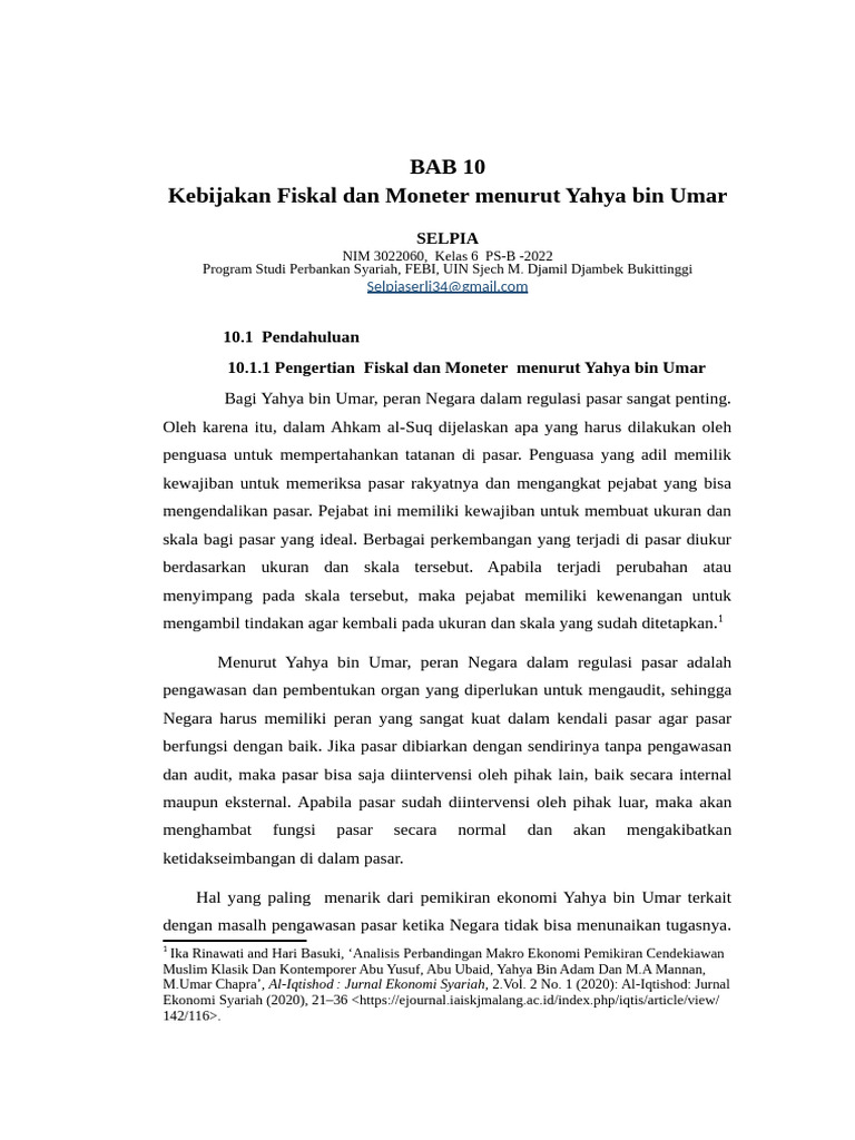 Kebijakan Fiskal Dan Moneter Menurut Yahya Bin Umar by Selpia | PDF