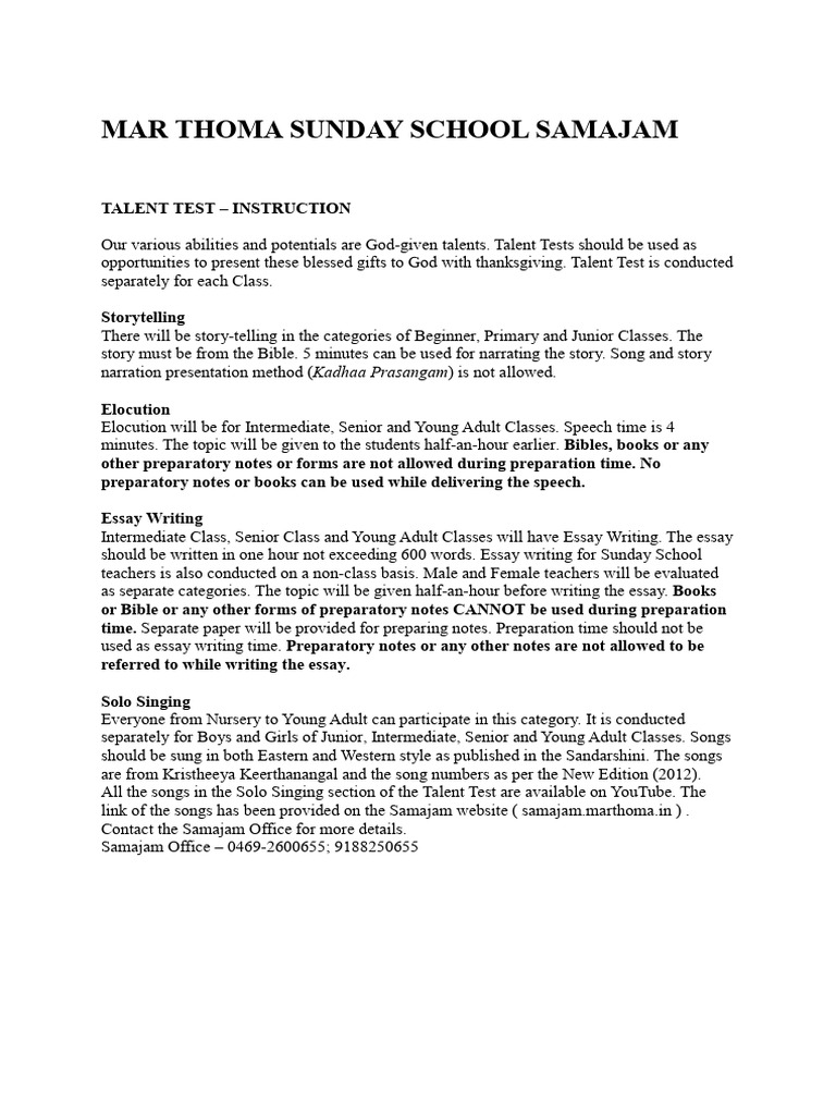 Mar Thoma Sunday School Talent Test 2025 | PDF