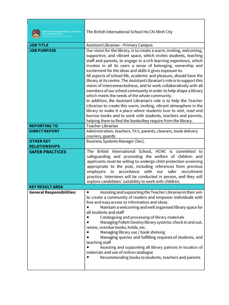 JD - BISHCM - Assistant Librarian | PDF