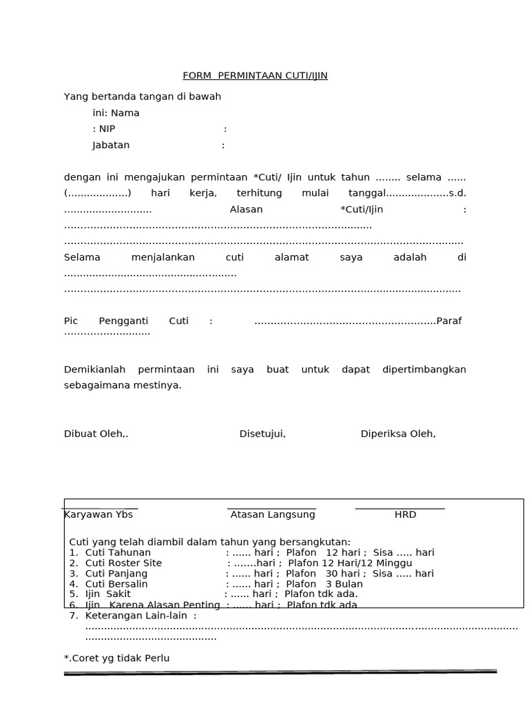 Form Cuti Ijin Site | PDF