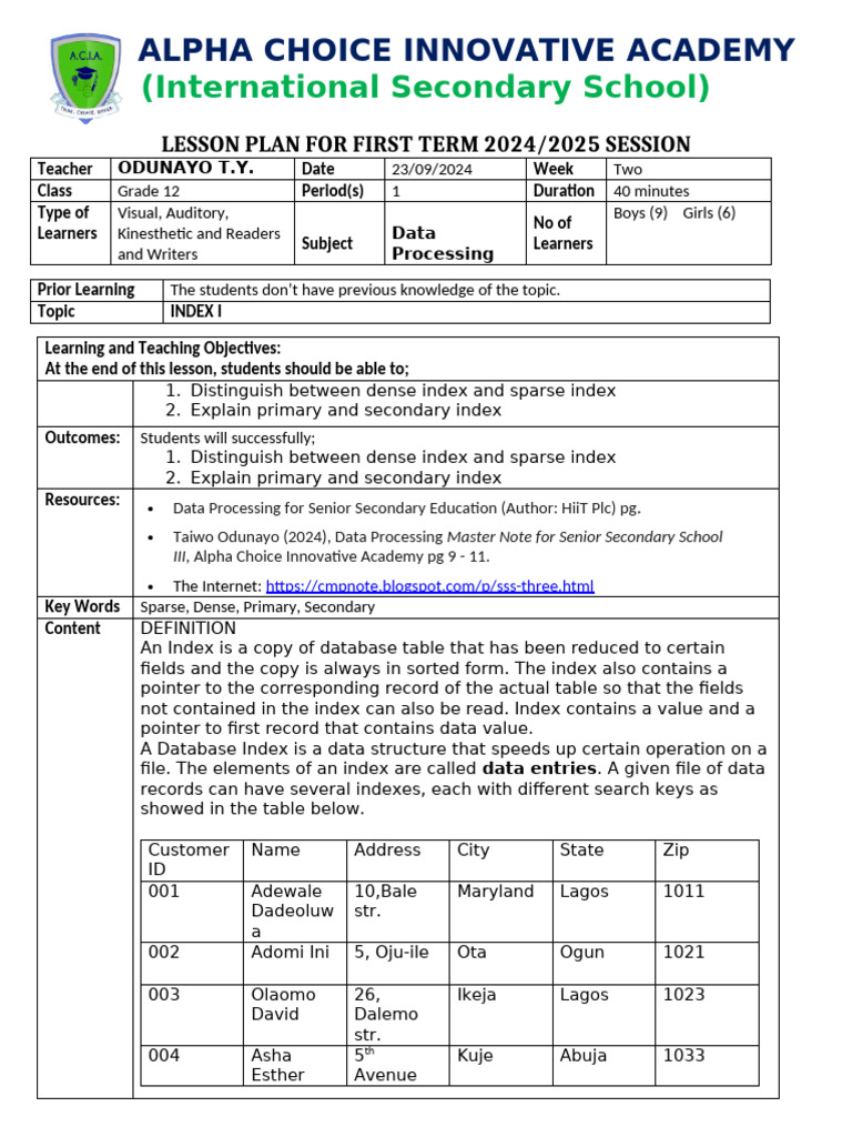 DP Grade 12 Lesson Plan For Week Two | PDF | Database Index | Data ...
