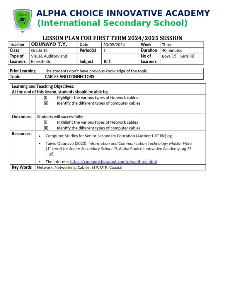 Grade 12 ICT Lesson Plan: Cables & Connectors | PDF | Electrical ...