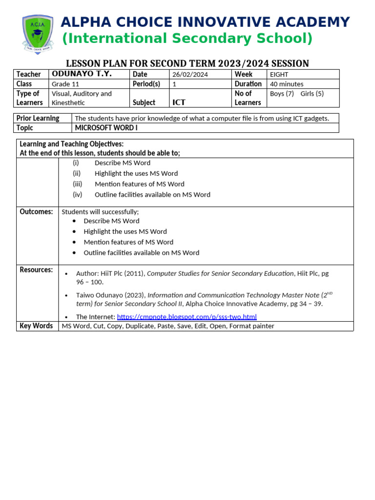 Grade 11 ICT Lesson Plan: MS Word | PDF | Microsoft Word | Educational ...