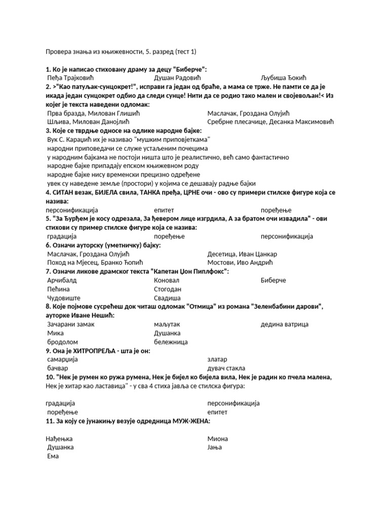Provera Znanja Iz Knjizevnosti | PDF