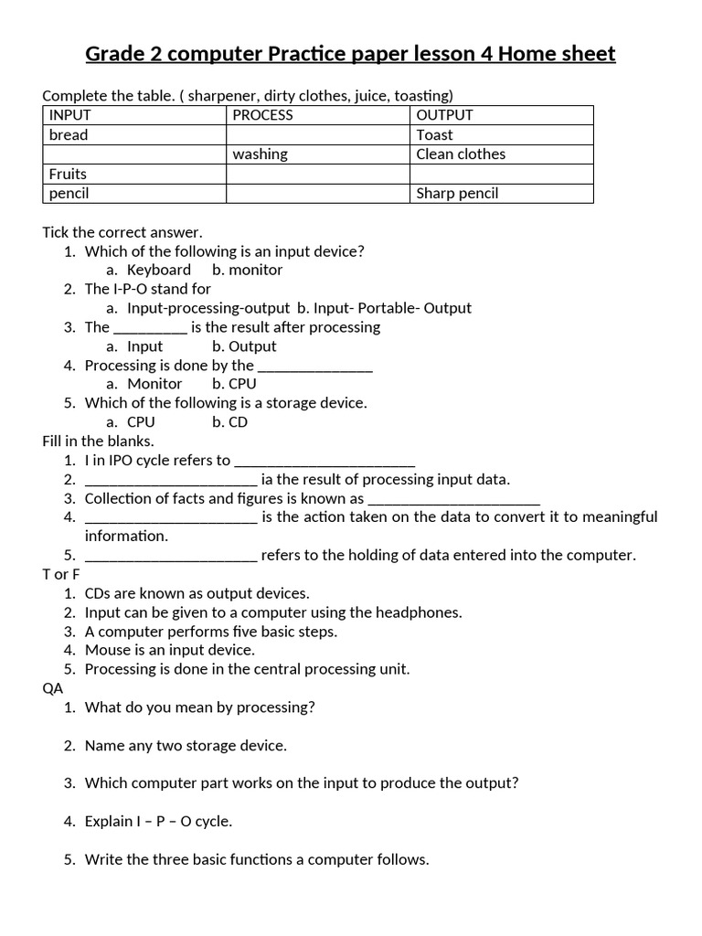 Grade 2 Computer Practice Paper Lesson 4 | PDF