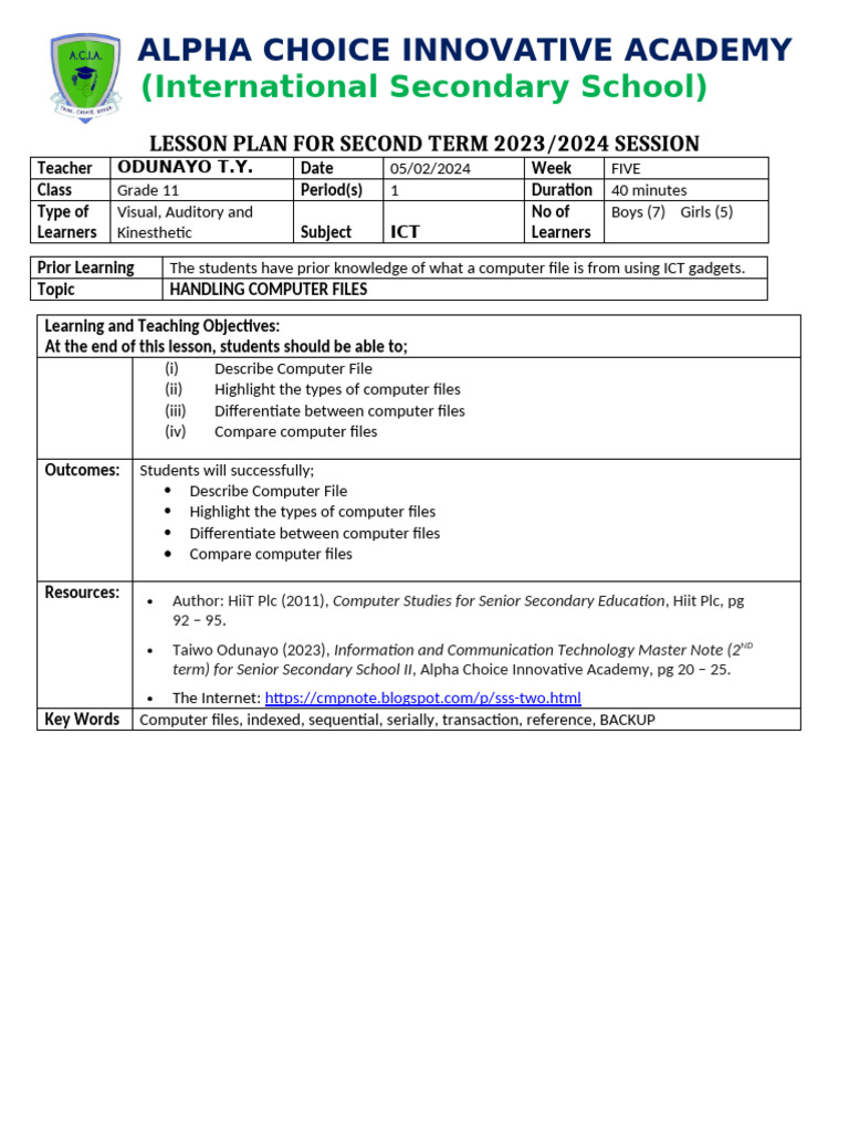 ICT Grade 11 Lesson Plan - Week Five | PDF | Computer File ...