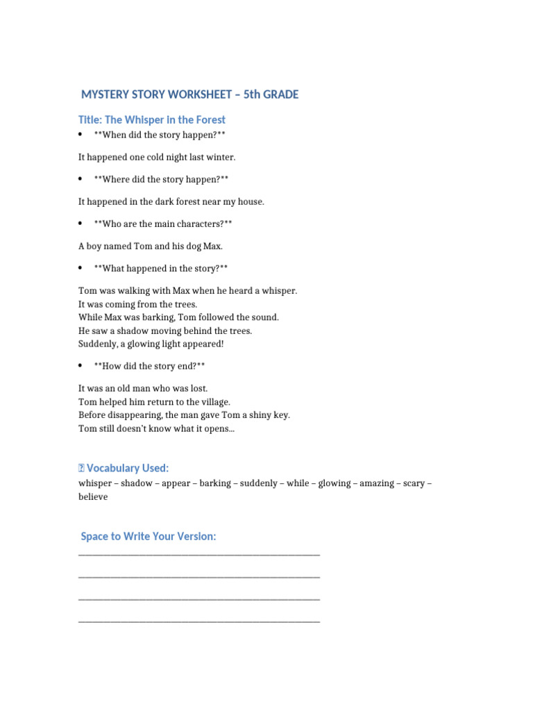 Mystery Story Worksheet 5th Grade | PDF