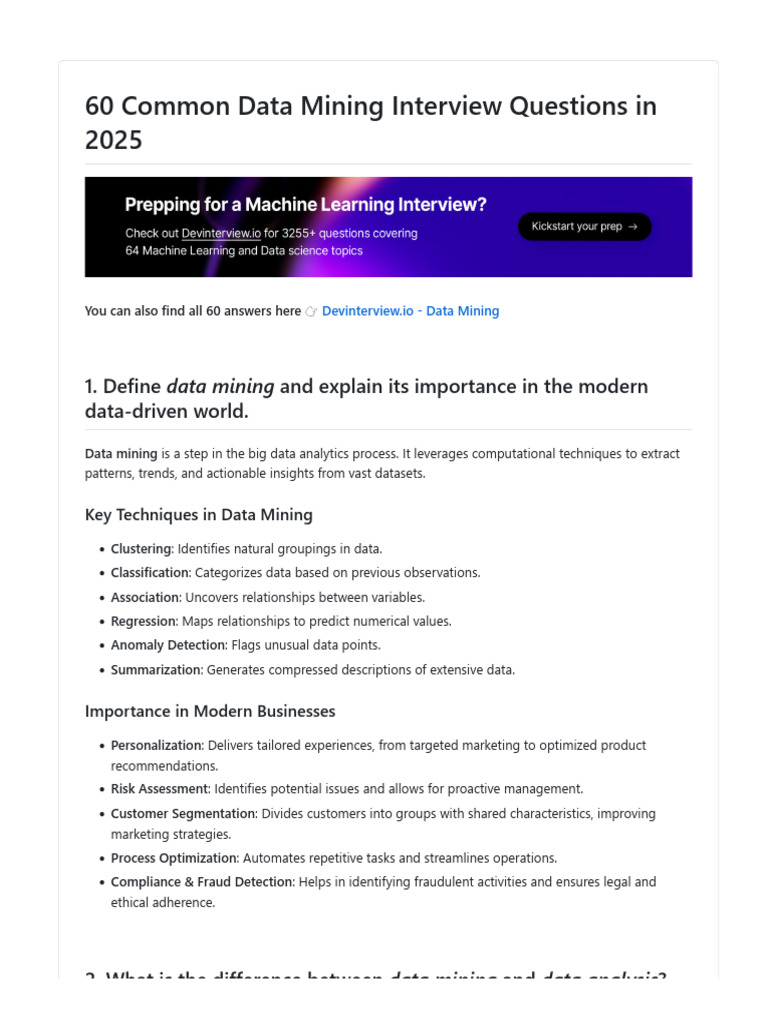 60 Common Data Mining Interview Questions in 2025 | PDF | Data Warehouse | Machine Learning