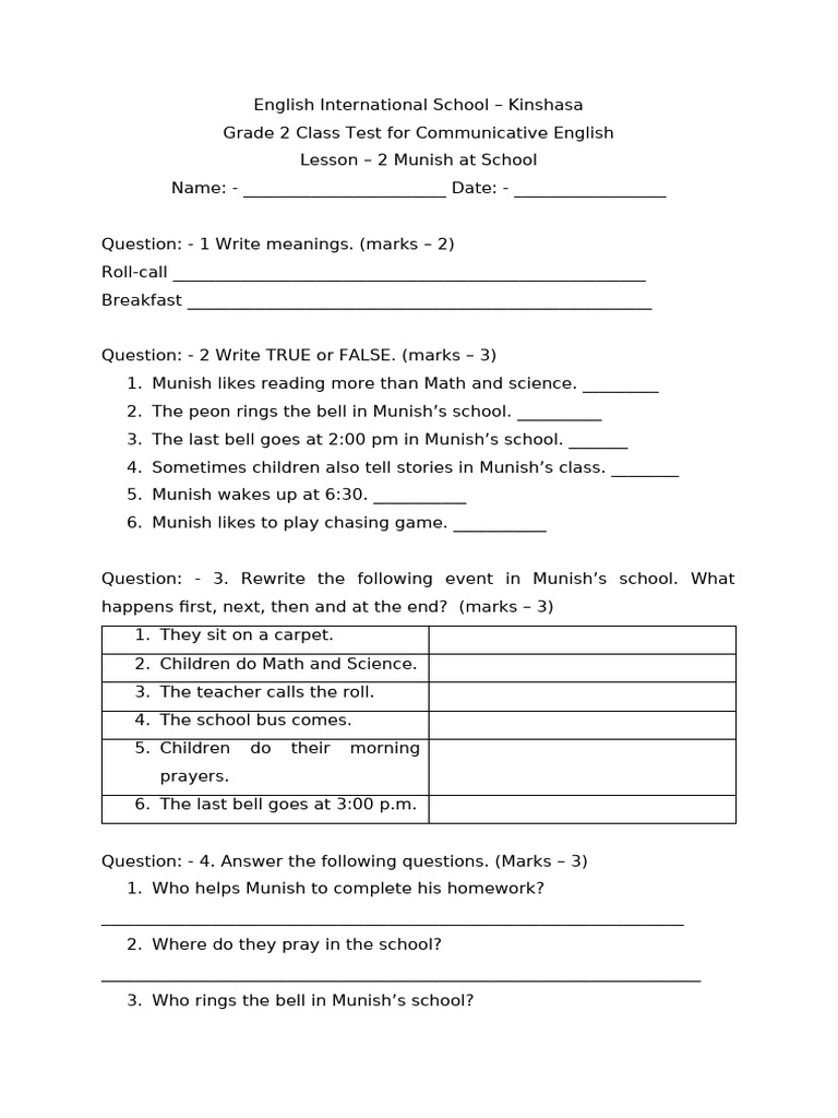 Grade 2 English Test: Munish at School | PDF