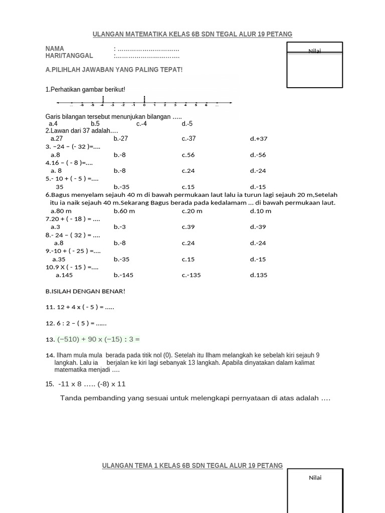 Kumpulan Soal Soal Ulangan Kelas 6b | PDF