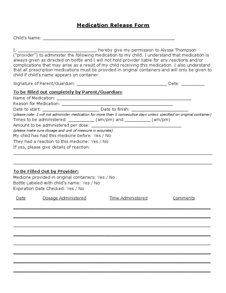 Child Medication Release Form Template | PDF