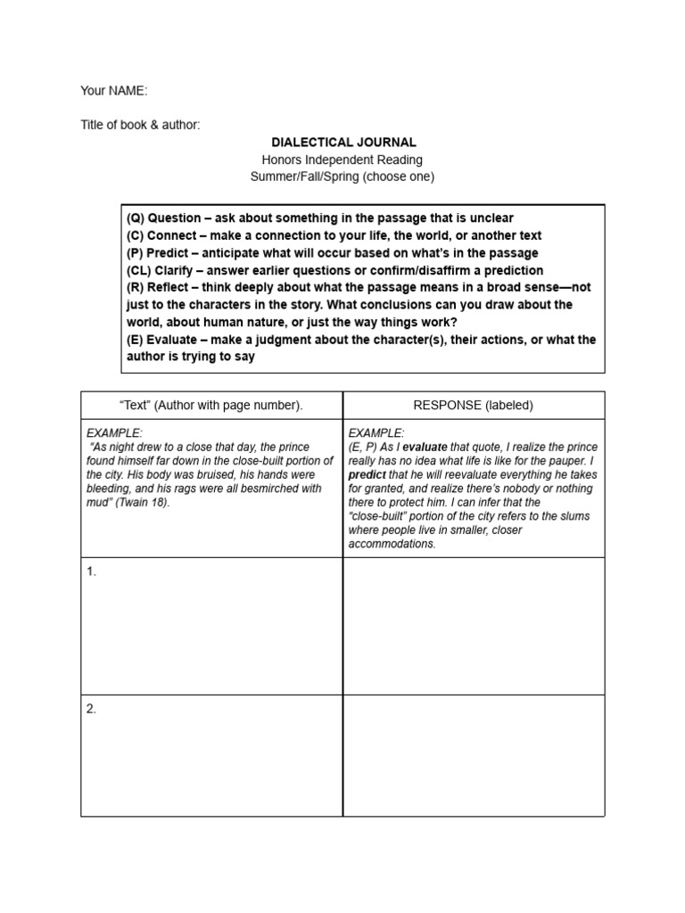 (Template) Dialectical Journal Template 2024 | PDF