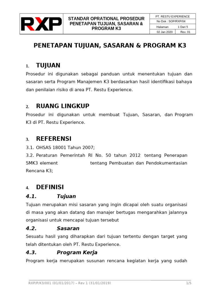 SOP-RXP-04 Penetapan Saran, Tujuan & Program K3 | PDF