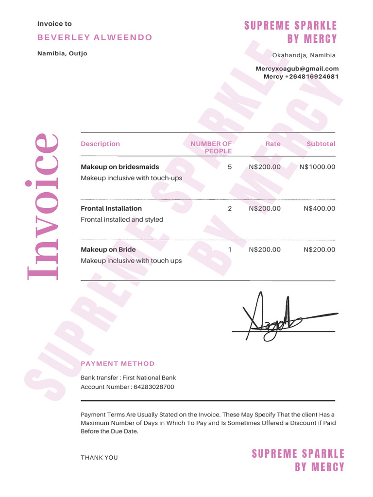 Makeup Service Invoice for Beverley Alweendo | PDF