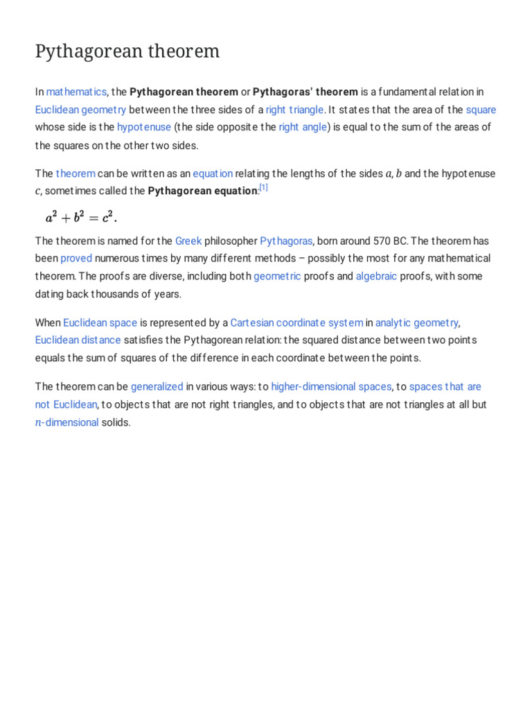 Pythagorean Theorem - Wikipedia | PDF | Euclid | Euclidean Plane Geometry