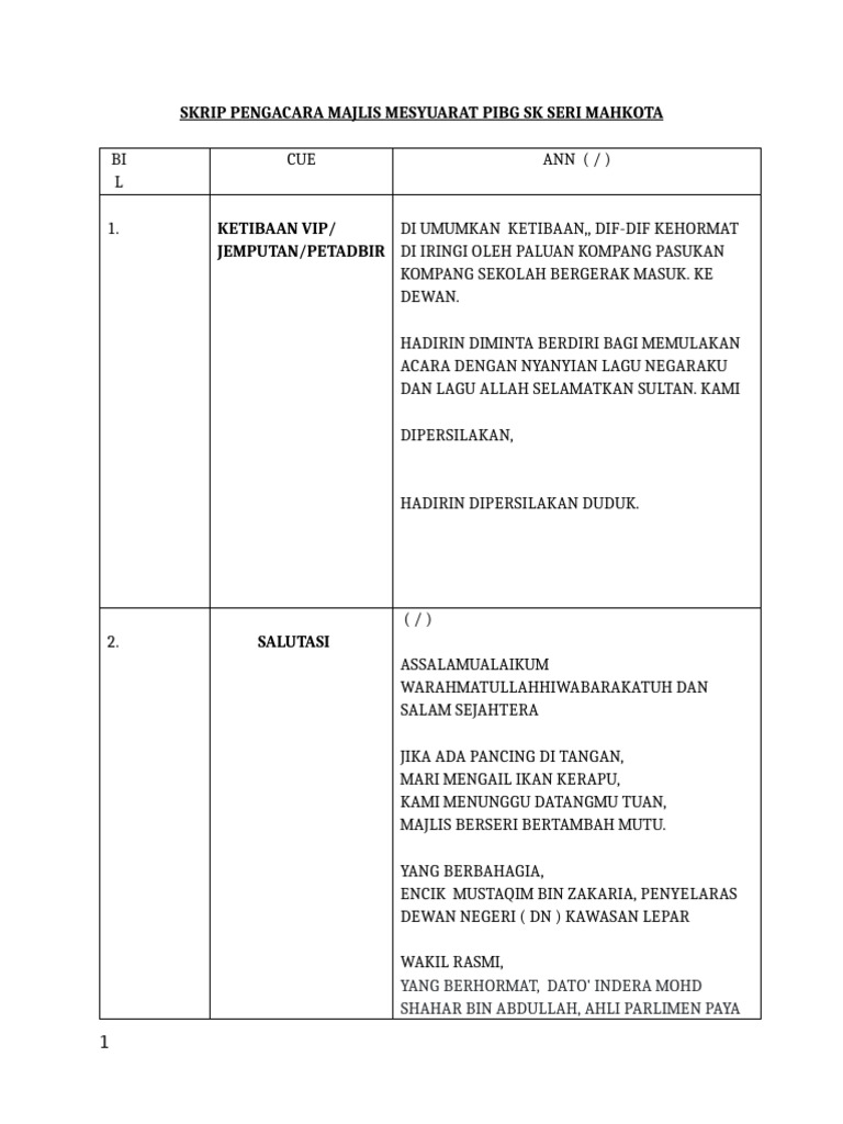 Skrip Pengacara Majlis Mesyuarat Pibg SK Seri Mahkota | PDF