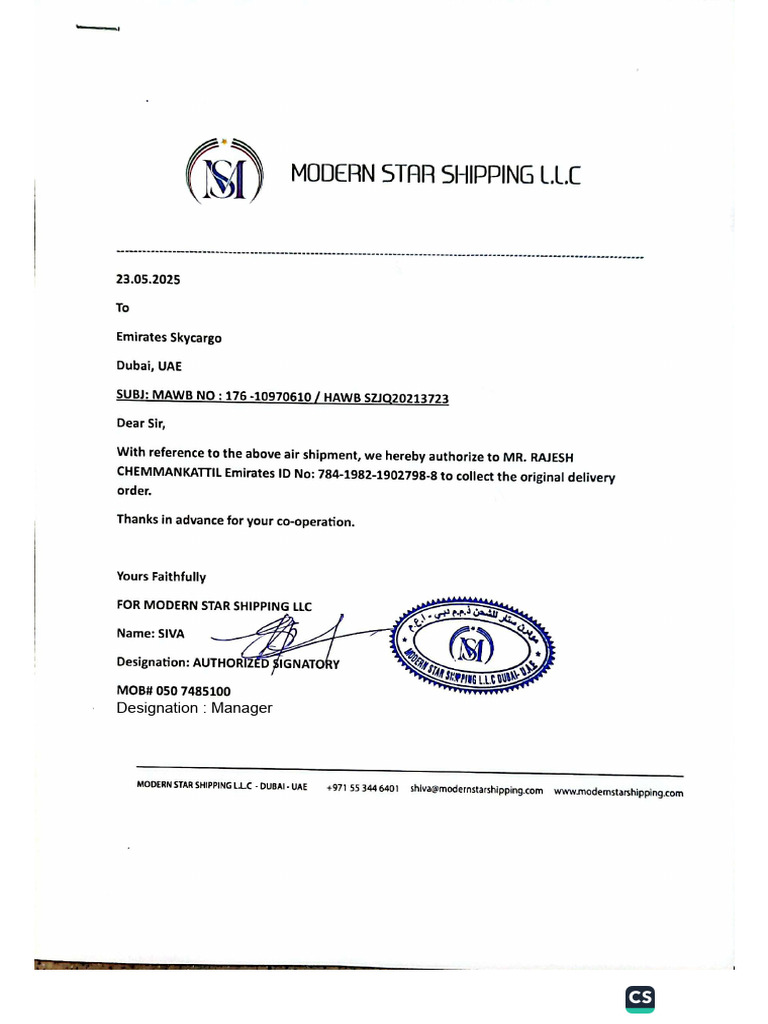 Authorization Letter To Emirates | PDF