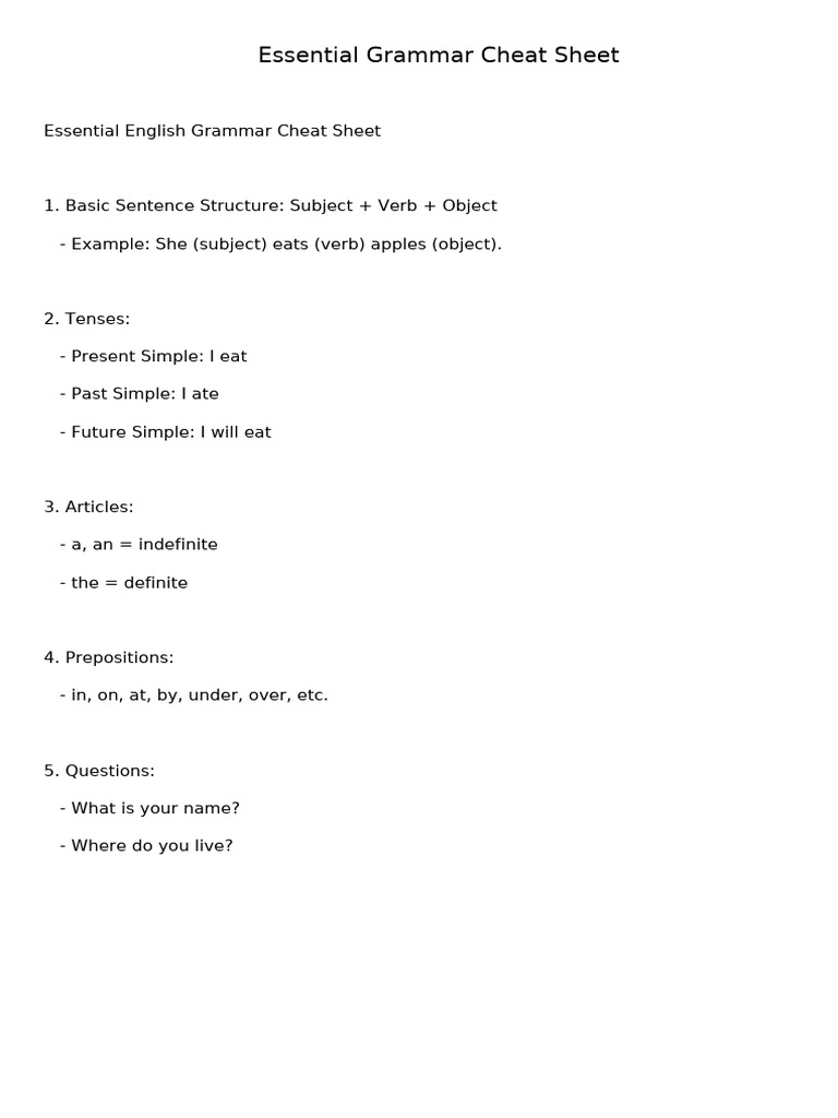 Essential Grammar Cheat Sheet | PDF