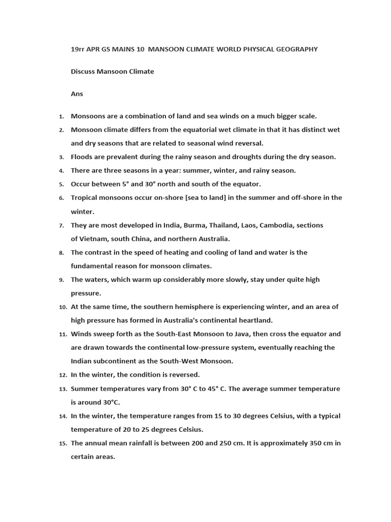19rr Apr Gs Mains 10 Mansoon Climate World Physical Geography | PDF