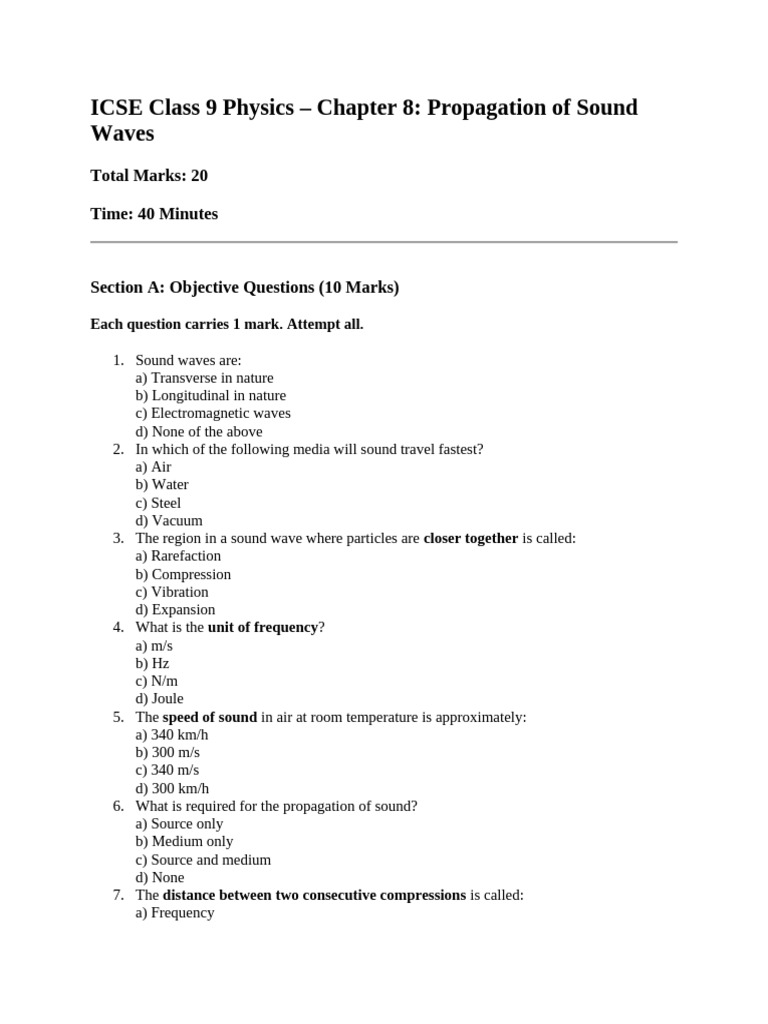 Sound Propagation Worksheet for Class 9 ICSE | PDF