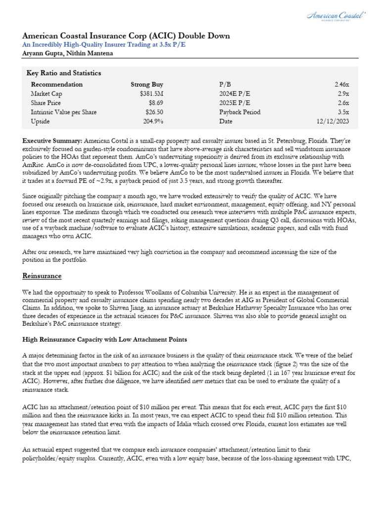 ACIC: Strong Buy on Undervalued Insurer | PDF | Reinsurance | Insurance