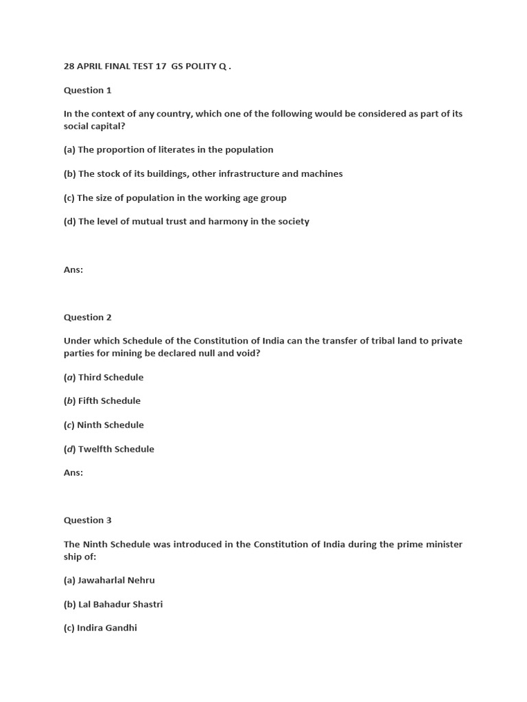 28 April Final Test 17 Gs Polity Q . | PDF | Impeachment | Political Law