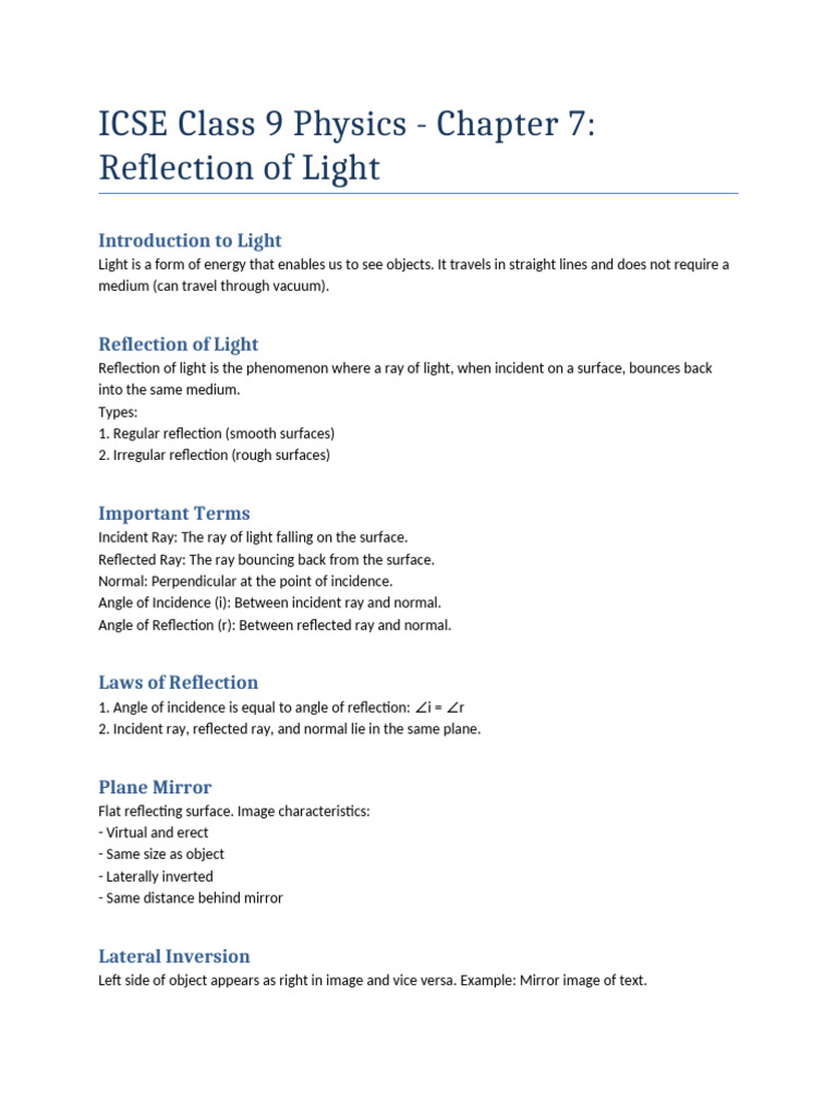 Class 9 Reflection of Light Notes | PDF | Reflection (Physics) | Mirror