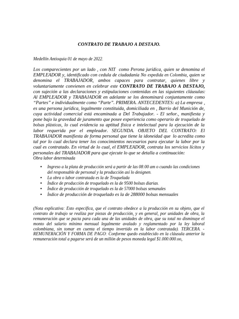 Contrato Por Destajo para Empresa. | PDF | Salario