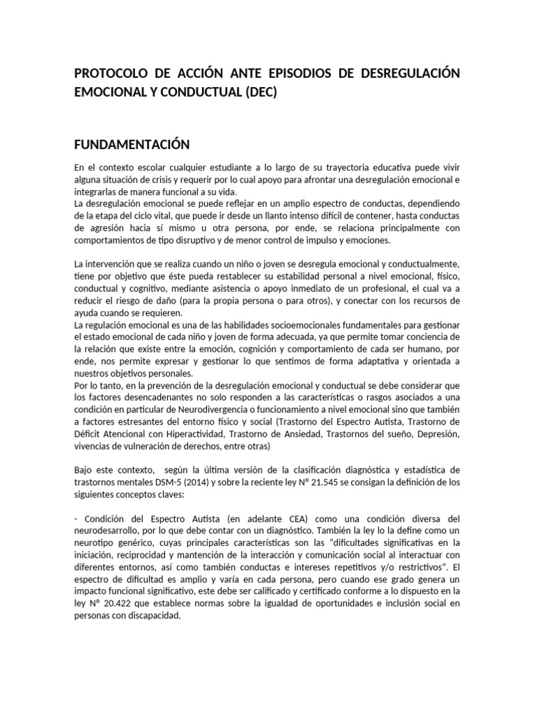 Protocolo de Acción Ante Episodios de Desregulación Emocional y Conductual Modificado Abril 2024 ...