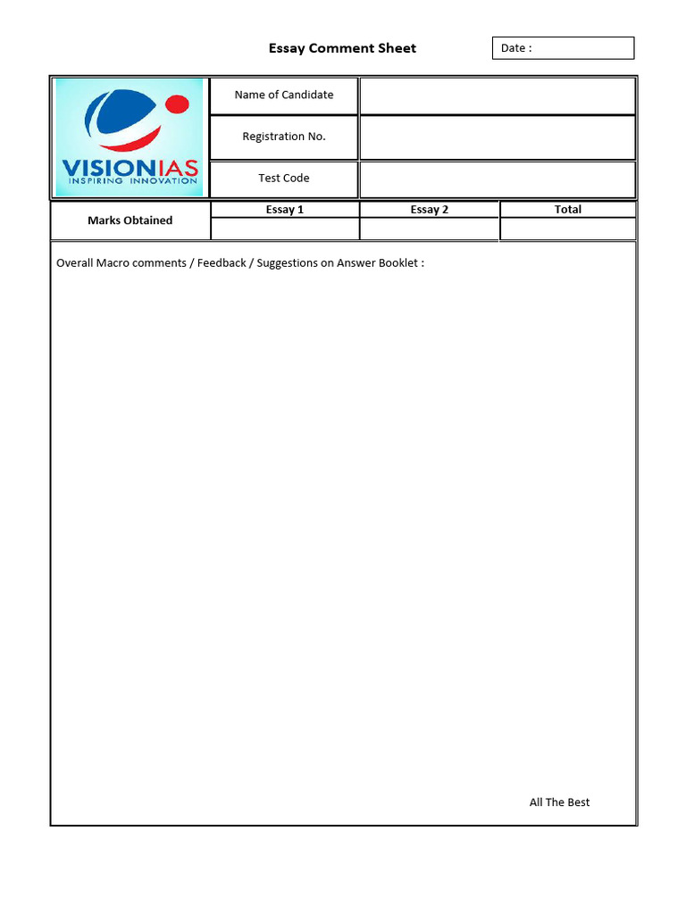 Essay Comment Sheet: Marks Obtained Essay 1 Essay 2 Total | PDF ...