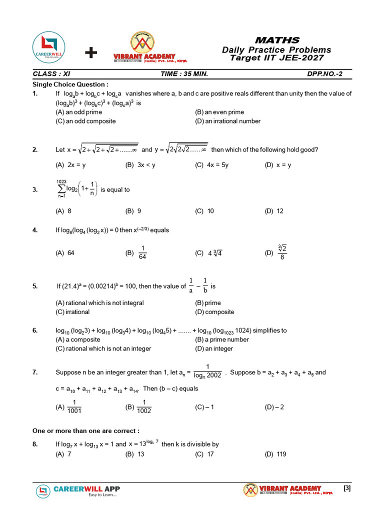 DPP-2 Maths XI Logarithm Careerwill | PDF | Mathematics | Arithmetic