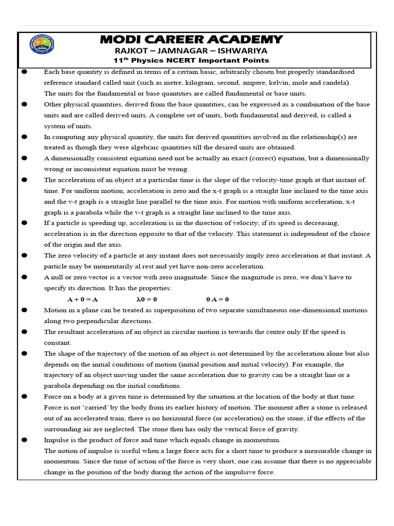 11th Physics Ncert Important Points | PDF | Waves | Force
