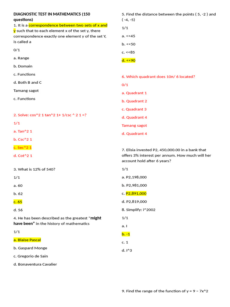 Mathematics Diagnostic Test Overview | PDF | Mathematics | Mathematical ...
