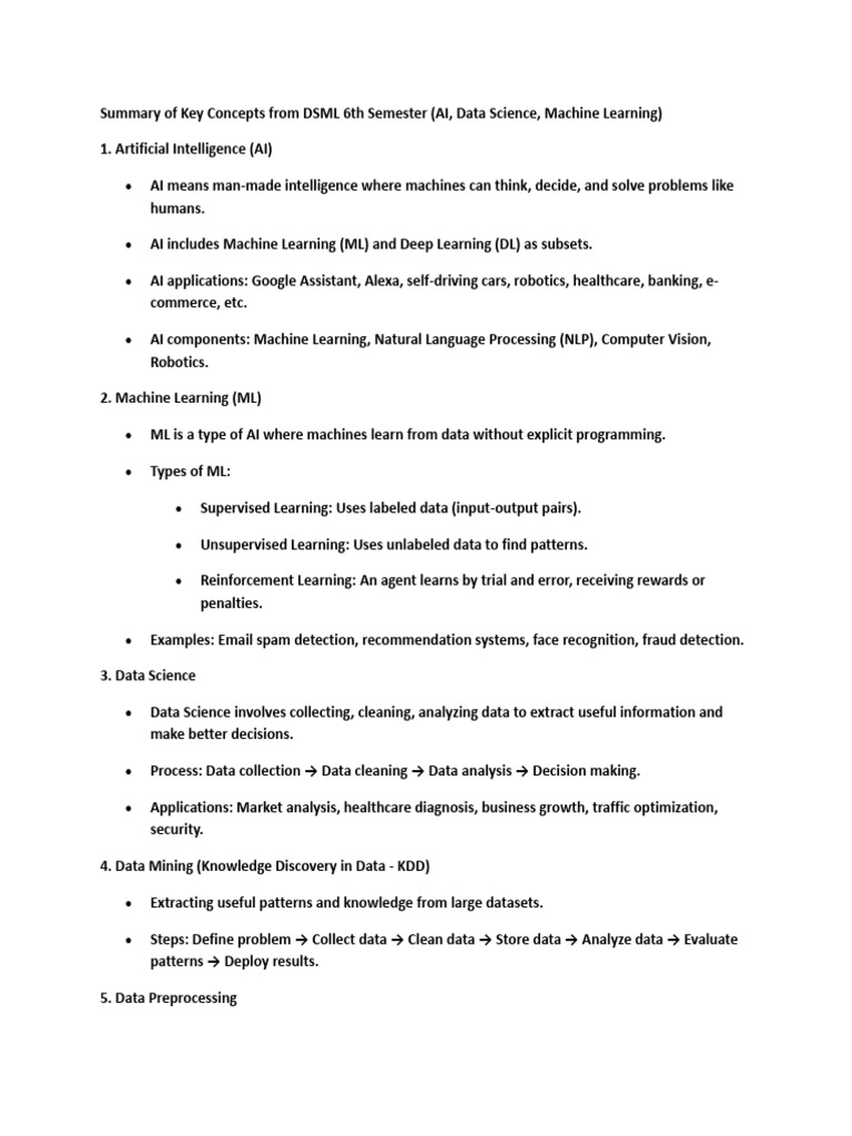 Summary of Key Concepts From DSML 6th Semester | PDF | Machine Learning | Vertex (Graph Theory)